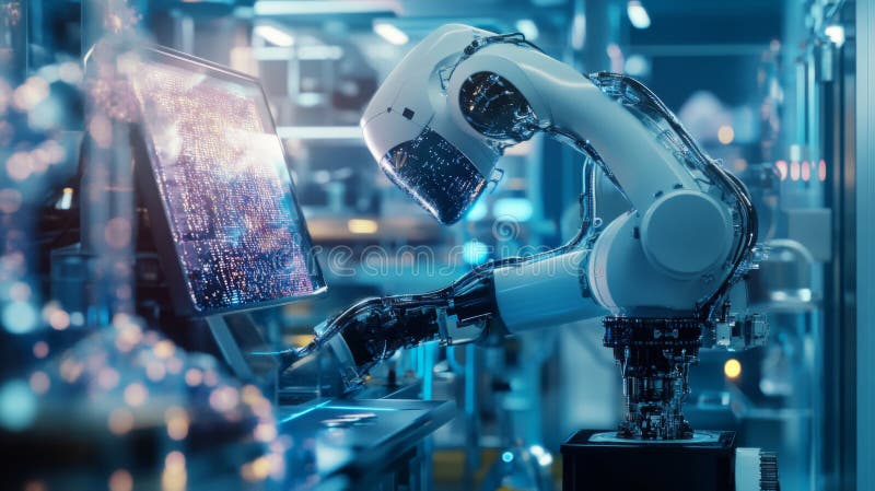 White Robot Working on Computer in Blue Lit Factory Stock Illustration ...