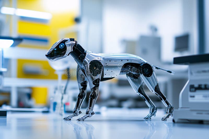 White Robotic Android Dog Standing in Factory Stock Illustration ...