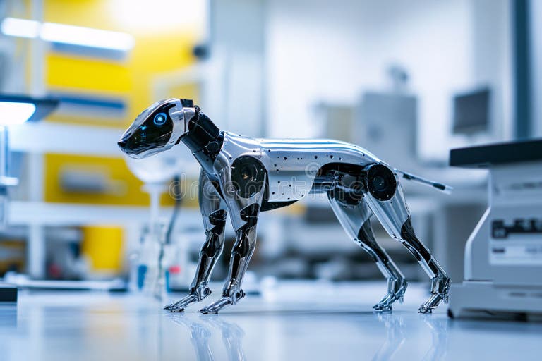 White Robotic Android Dog Standing in Factory Stock Illustration ...