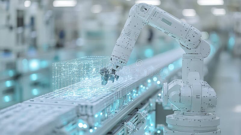 White Robotic Arm Analyzing Digital Data Streams Stock Illustration ...