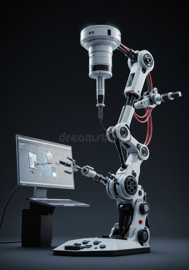 White Robotic Arm with Computer in Dark Studio Stock Illustration ...