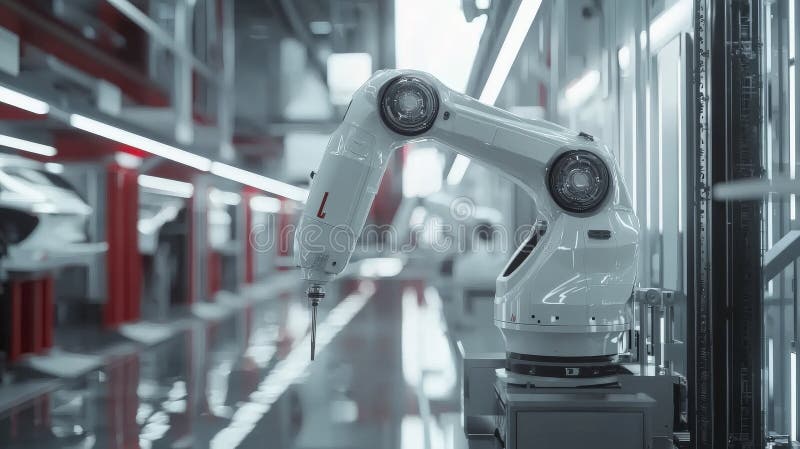 White Robotic Arm Functions in High-tech Factory Scene Stock ...