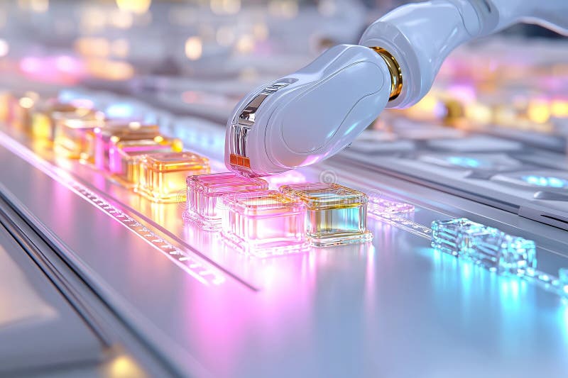 White Robotic Arm in a Futuristic Factory Manipulating Transparent ...