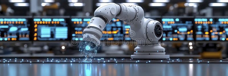 White Robotic Arm with Glowing Interface at Work Stock Illustration ...