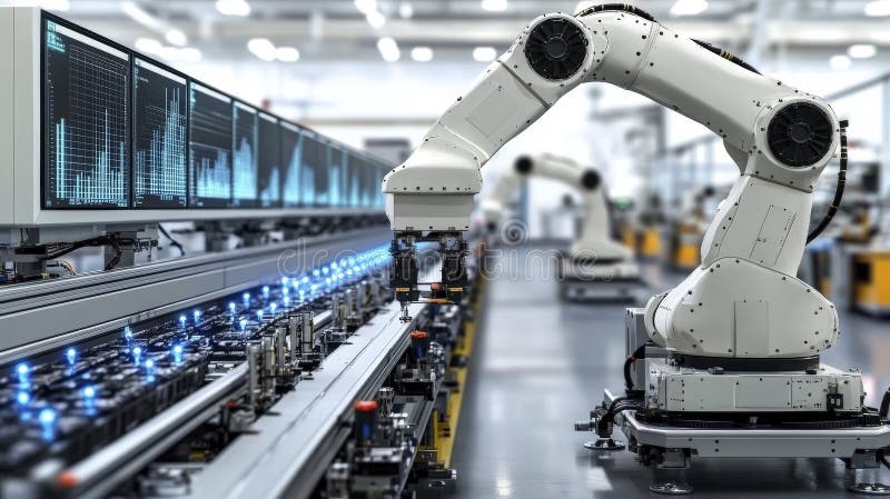 White Robotic Arm on a High-tech Manufacturing Line Stock Illustration ...