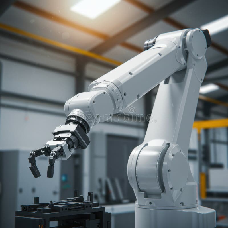 White Robotic Arm in Industrial Factory Setting Stock Illustration ...