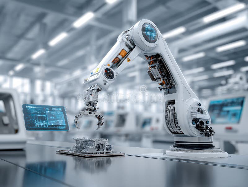A White Robotic Arm in an Industrial Setting, with Blue and Yellow ...