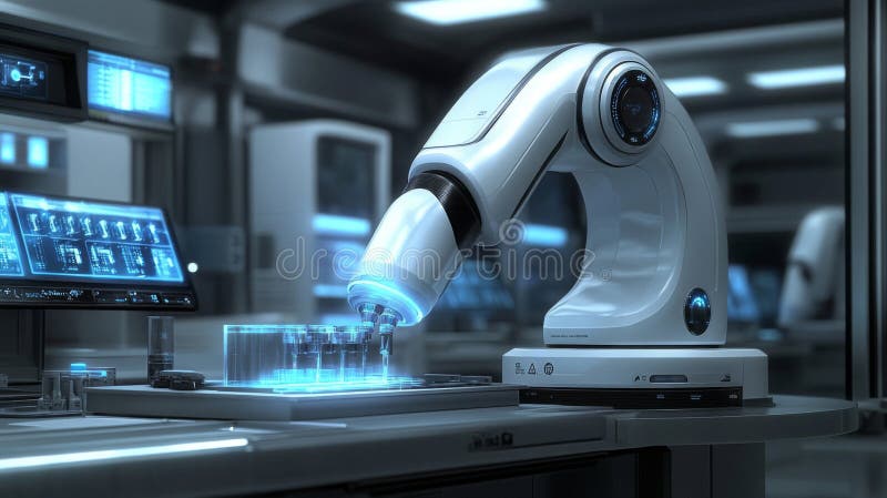 White Robotic Arm Manipulating a Transparent Object in a Modern ...