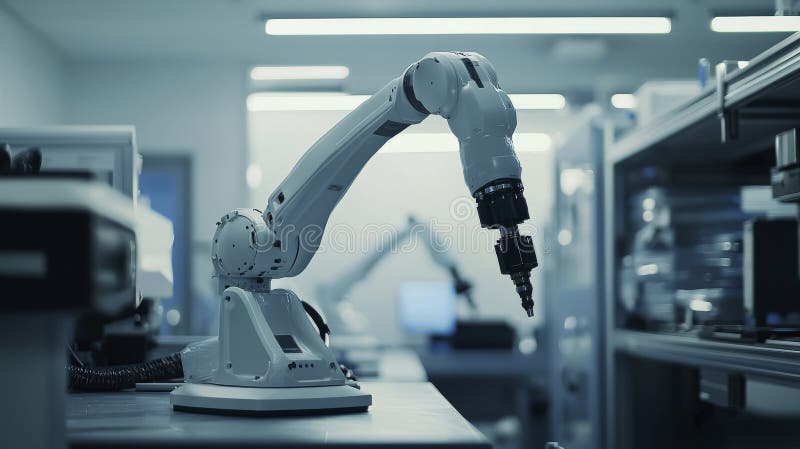 White Robotic Arm in a Modern, High-tech Laboratory Stock Illustration ...
