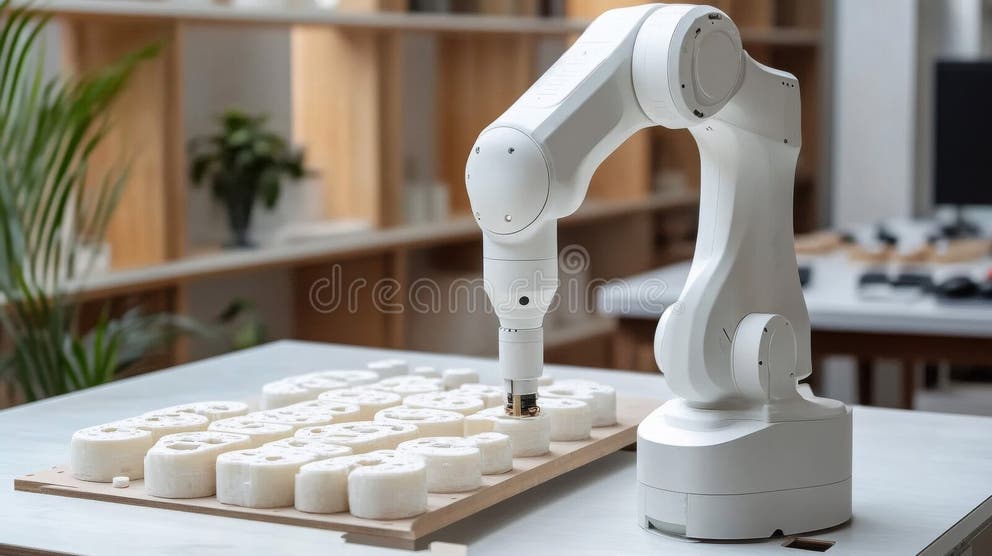 White Robotic Arm Performing Precise Task on Small Objects Stock ...