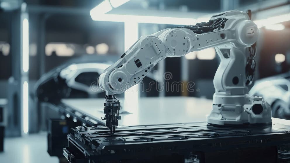 White Robotic Arm in a Sleek, Advanced Workspace Stock Illustration ...