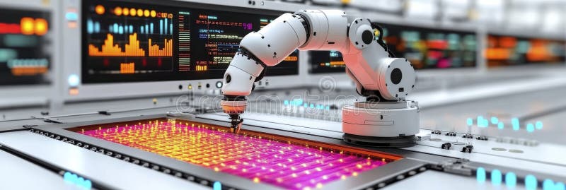 White Robotic Arm with Visual Data Interface Display Stock Illustration ...