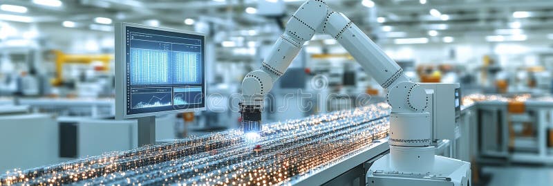 White Robotic Arm Working on Digital Factory Line Stock Illustration ...