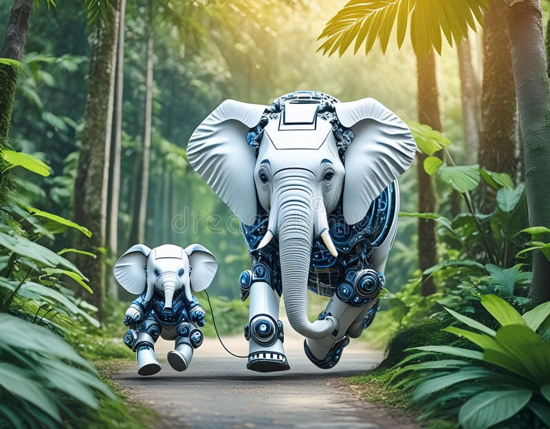 White Robotic Elephant Chasing His Child Elephant Stock Illustration ...