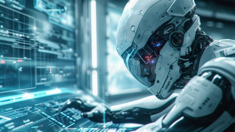 White Robotic Figure Engaged in Digital Operations Stock Photo - Image ...