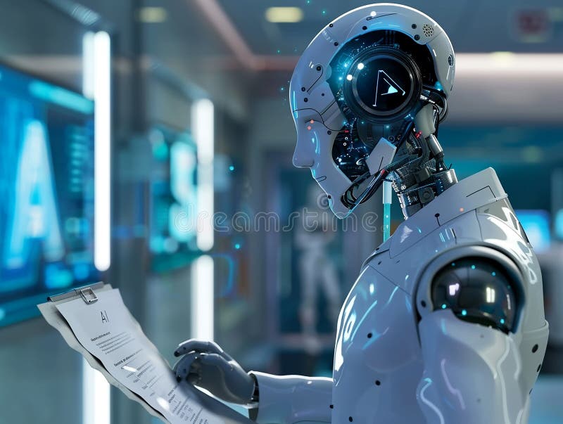 Ai Robot Reading Documents in Futuristic Lab Stock Illustration ...