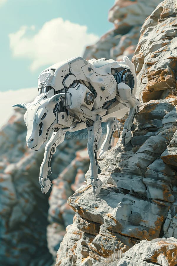 White Robotic Goat Climbing Up Steep Mountain. by Generative Ai Stock ...