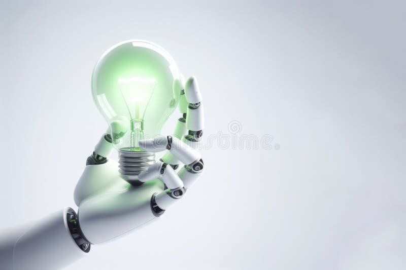 White Robotic Hand Hold Light Bulb with Green Glowing Light Inside on ...