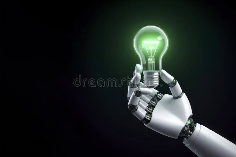 White Robotic Hand Hold Light Bulb with Green Glowing Light Inside on ...
