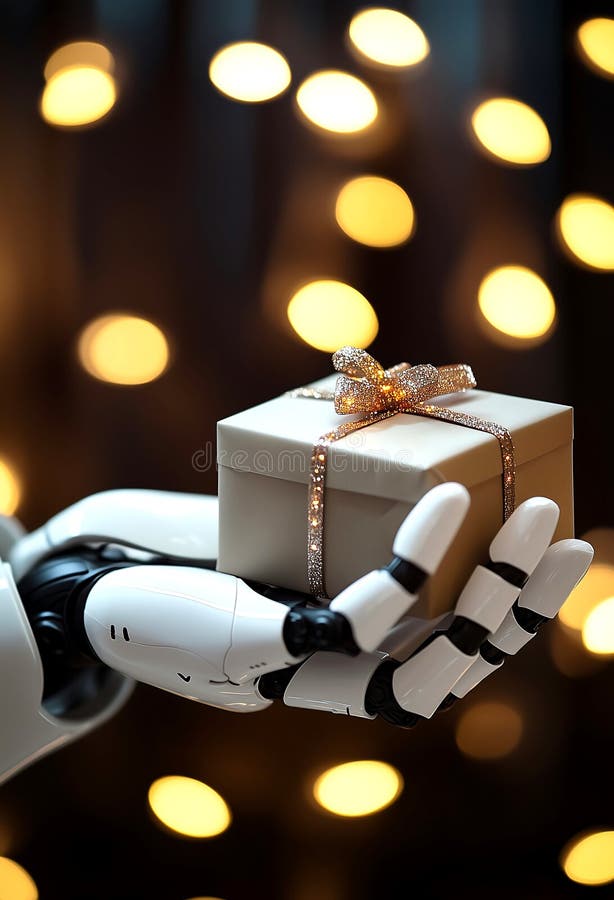 White Robotic Hand Holding a Gift Box. Celebrating Holiday, Technology ...