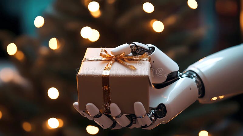 White Robotic Hand Holding a Gift Box. Celebrating Holiday, Technology ...