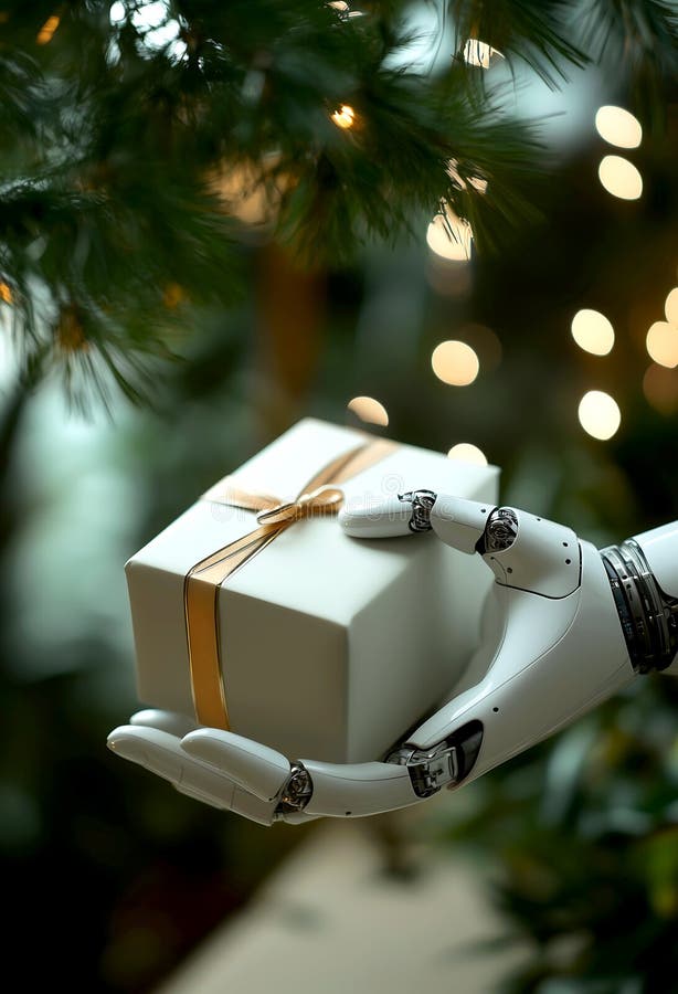 White Robotic Hand Holding a Gift Box. Celebrating Holiday, Technology ...