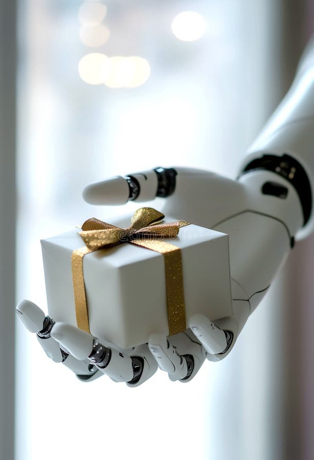 White Robotic Hand Holding a Gift Box. Celebrating Holiday, Technology ...