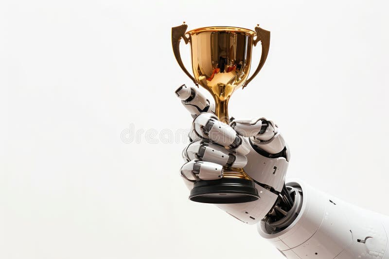 A White Robotic Hand Holding a Gold Trophy Stock Image - Image of ...