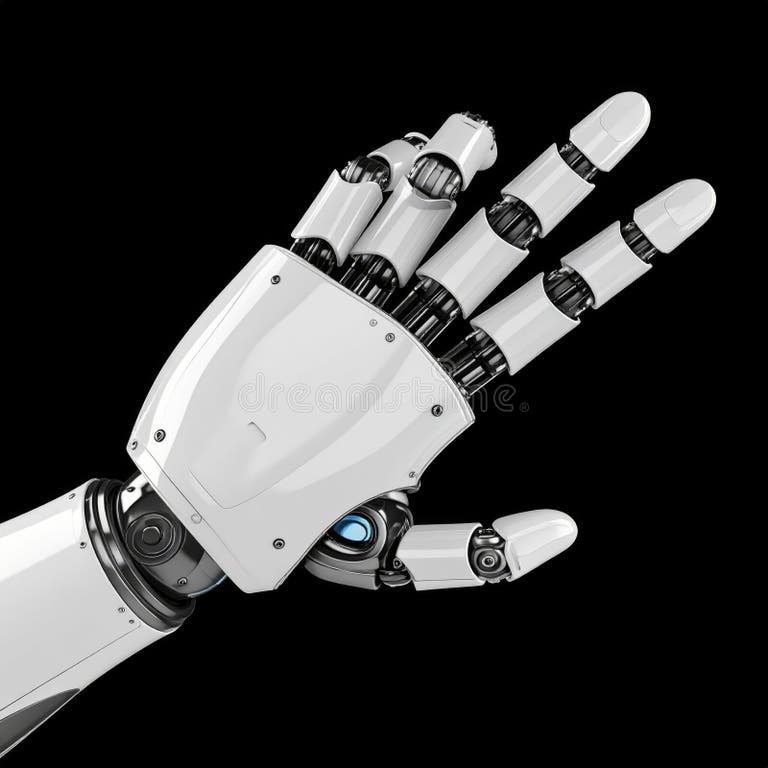 White Robotic Hand with Metallic Joints on Black Background Stock ...