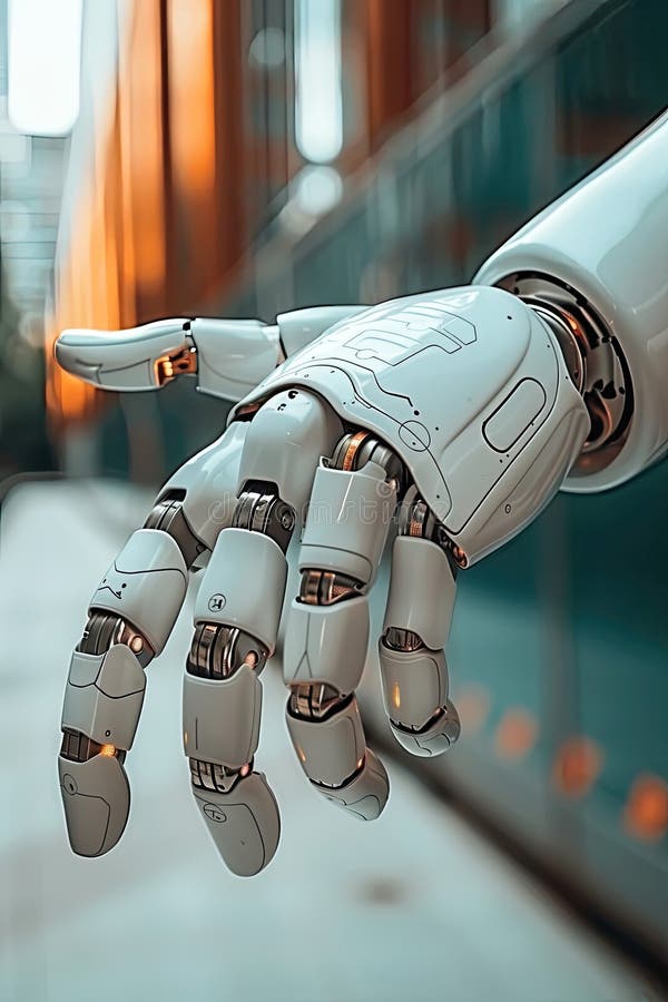 White Robotic Hand with Modern Design, Against a Blurred Cityscape ...
