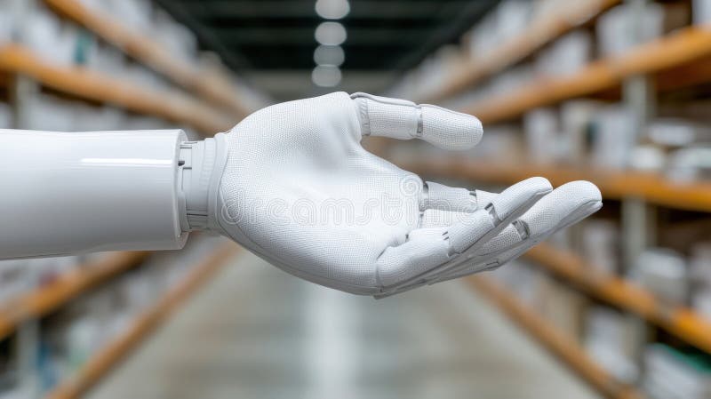 A White Robotic Hand Reaching Out in a Warehouse. Stock Photo - Image ...