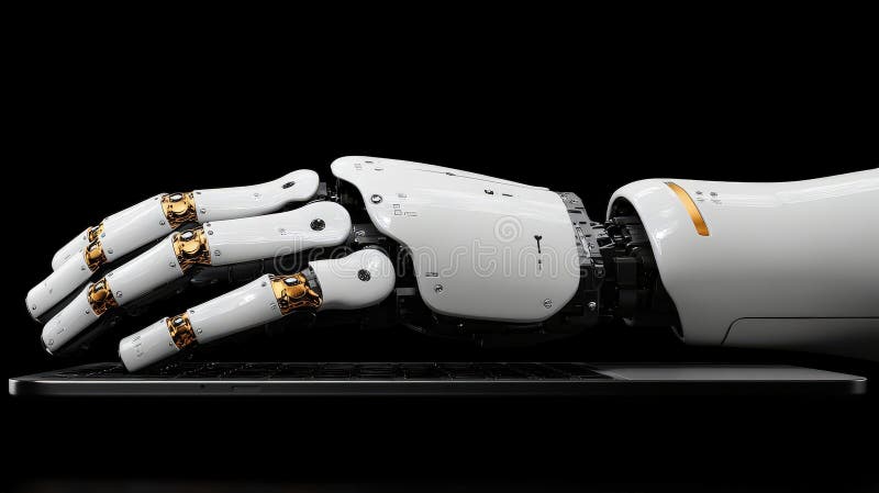White Robotic Hand Resting on Keyboard, Symbolizing Unity of Technology ... White Robotic Hand Resting on Keyboard, Symbolizing Unity of Technology ...