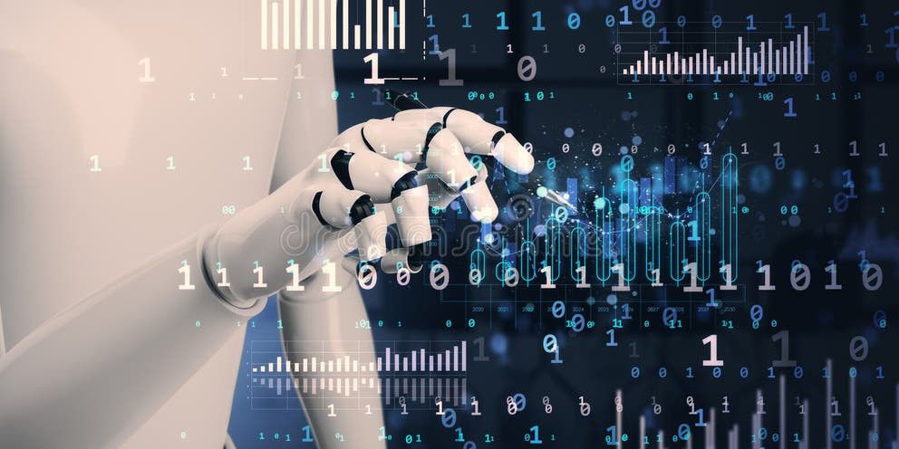 Futuristic Humanoid Robot Interacting with Digital Data Visualization ...