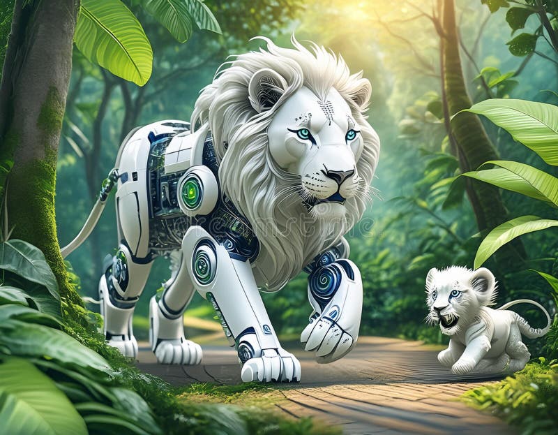 White Robotic Lion Chasing His Child Lion Stock Illustration - Illustration of familial ...