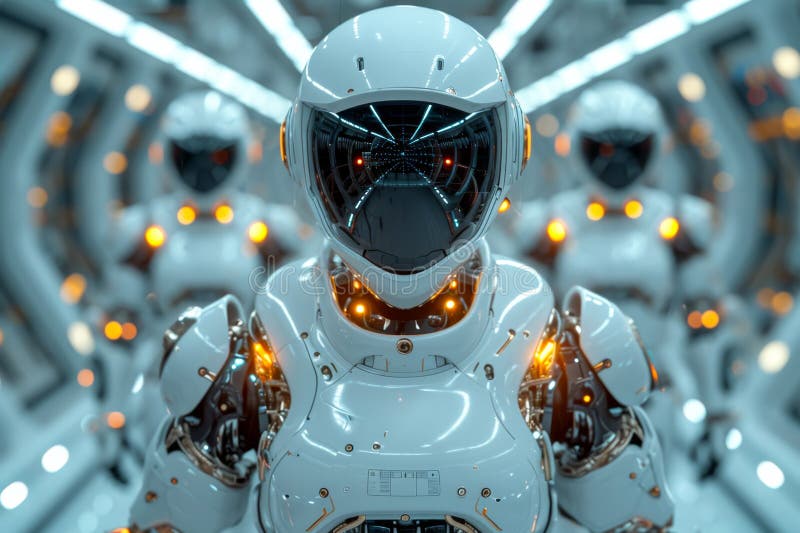 White Robots are Moving Along the Corridor of the Future. Stock Photo ...