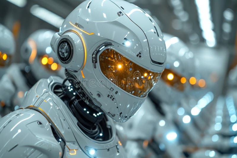 White Robots are Standing in Row in Room. Stock Image - Image of model ...