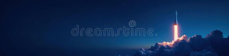 White Rocket Ascending Against a Dark Blue Night Sky, Startup Launch Concept , Ascension ...