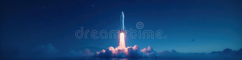 White Rocket Ascending Against a Dark Blue Night Sky, Startup Launch Concept , Exploration ...