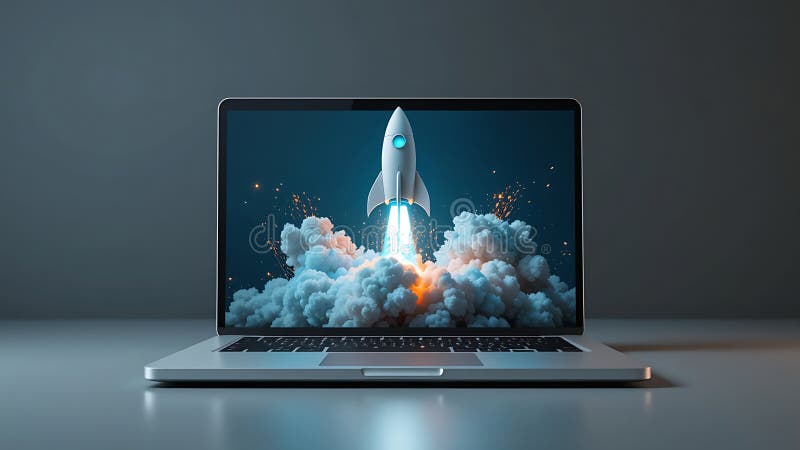 White Rocket Launching from Laptop Screen with Explosion and Smoke ...
