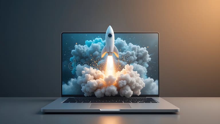 White Rocket Launching from Laptop Screen with Explosion and Smoke ...