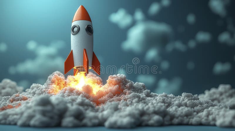 White Rocket Launching Up from Cloud Base Stock Illustration ...