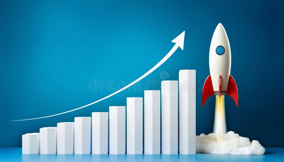 White Rocket Launching with Upward Arrow and Bar Chart on Blue Gradient ...