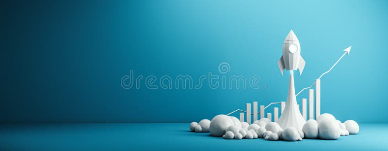 White Rocket Launching with Upward Arrow and Bar Chart on Blue Gradient ...