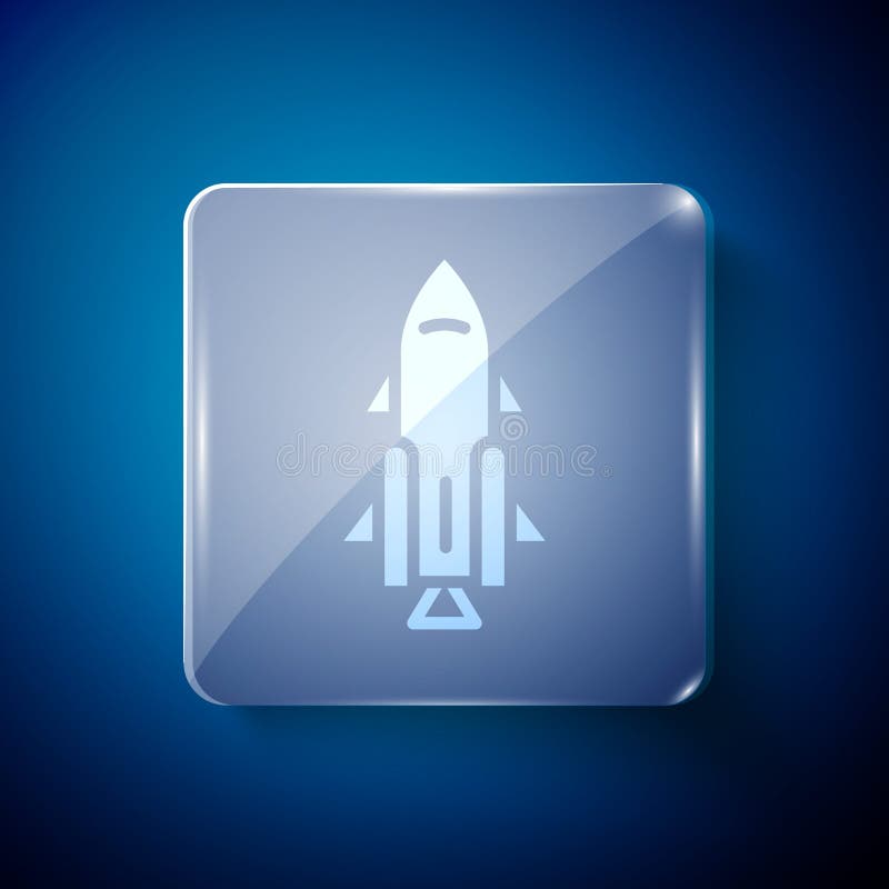 White Rocket Ship with Fire Icon Isolated on Blue Background. Space ...