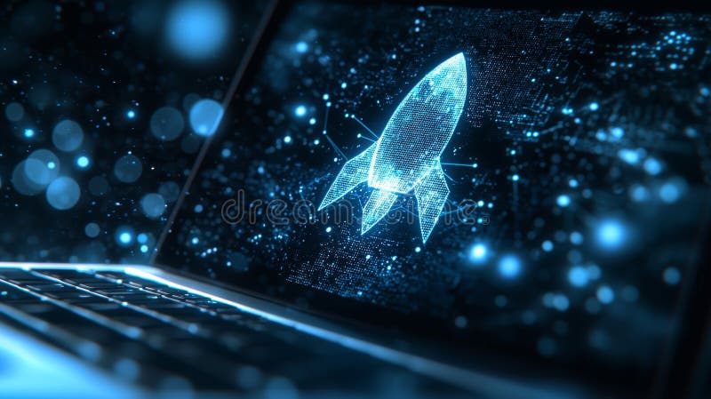A White Rocket Ship Launches from a Laptop Screen, Representing Digital ...