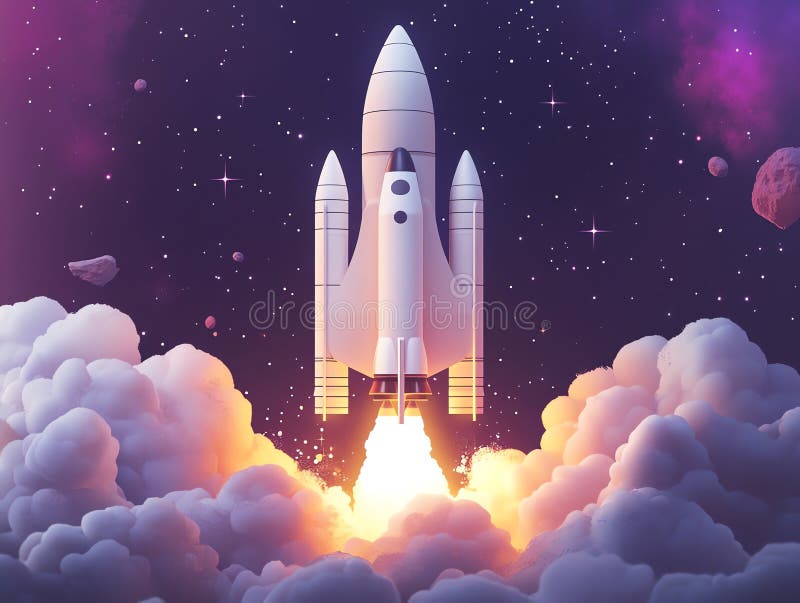A White Rocket Ship Launches into Space, Surrounded by Clouds And0 Sky ...