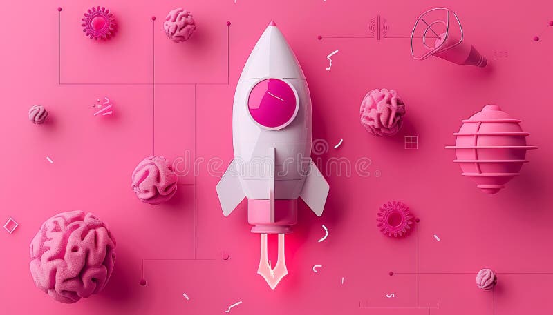 Vibrant Pink Rocket Launch with Abstract Brain Models and Futuristic ...