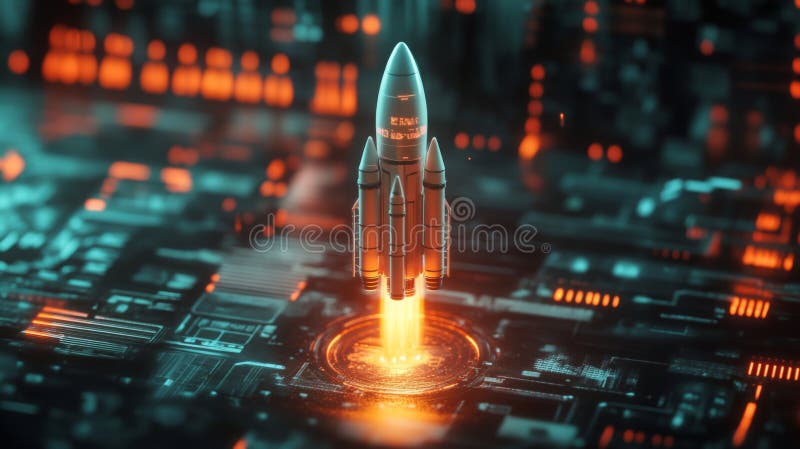 A White Rocket Launches from a Digital Platform, Surrounded by a ...
