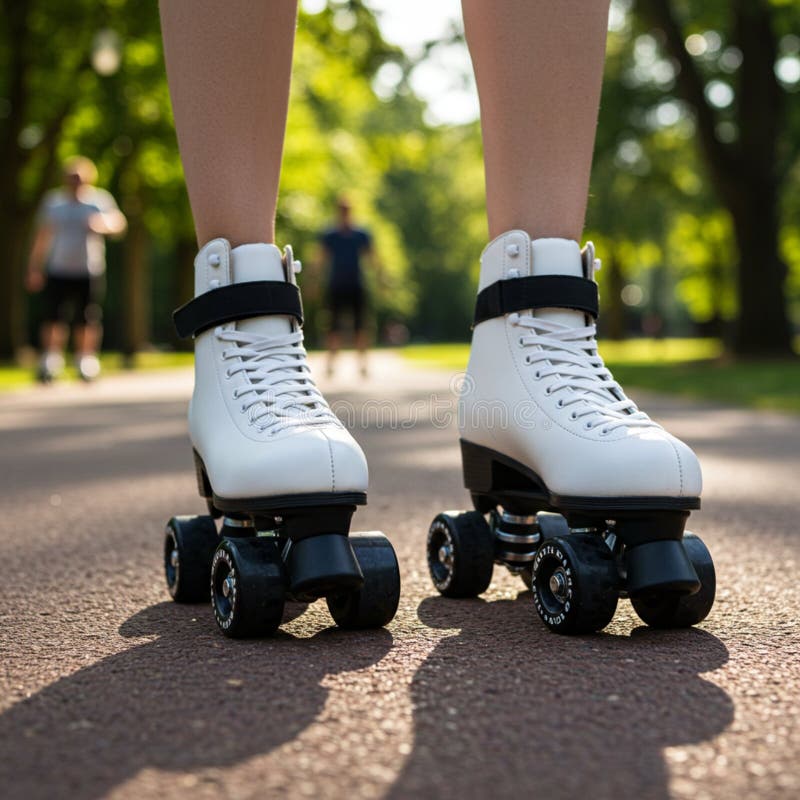 White Roller Skates with Black Wheels on a Paved Path in a Park Setting ...