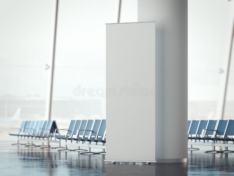 White Rollup Banner in Airport Terminal. 3d Rendering Stock ...